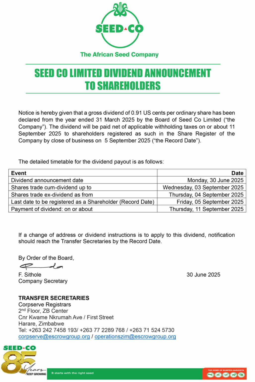 Dividend Announcement SCL FY25 - Seed Co Group